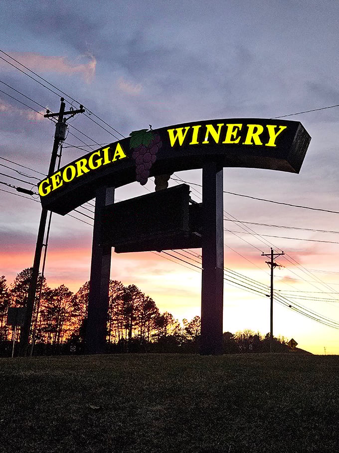 The illuminated sign glows against twilight skies, a beacon for thirsty travelers seeking grape salvation.