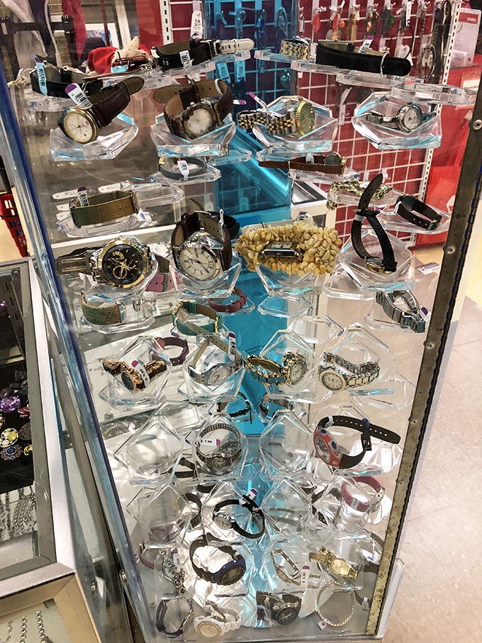 Time literally stands still in the watch display case, where yesterday's timepieces await tomorrow's wrists at yesterday's prices.