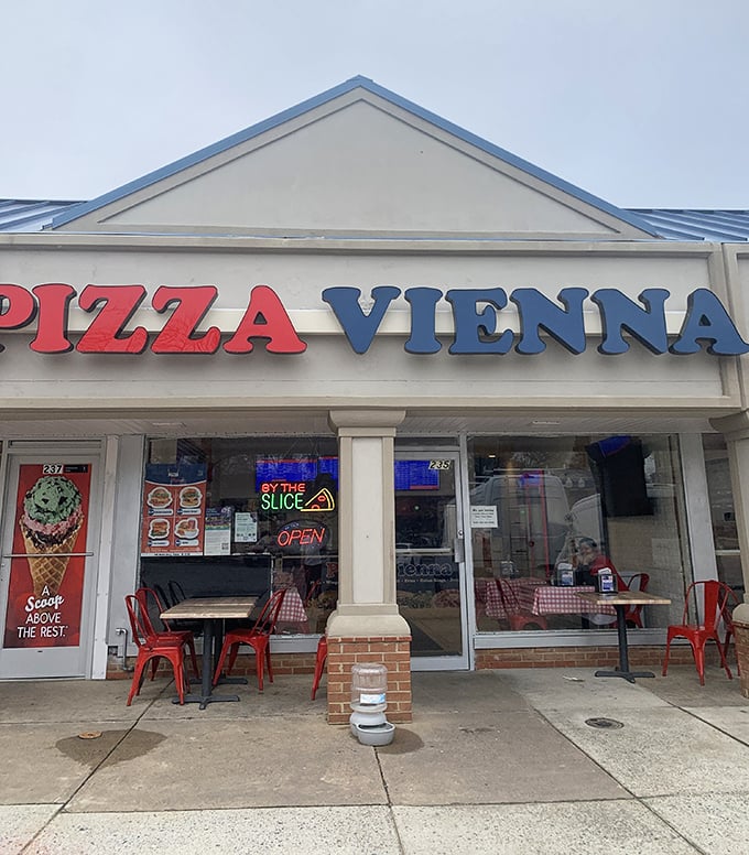 Pizza Vienna's red lettering and simple storefront represent everything wonderful about dependable neighborhood pizza joints everywhere.