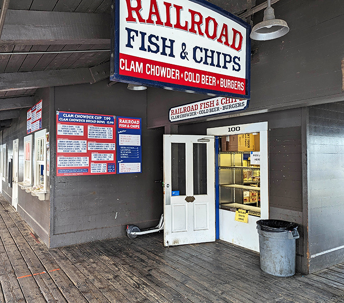 Step back in time at Railroad Fish & Chips, where the rustic wooden exterior hints at the golden treasures waiting inside.