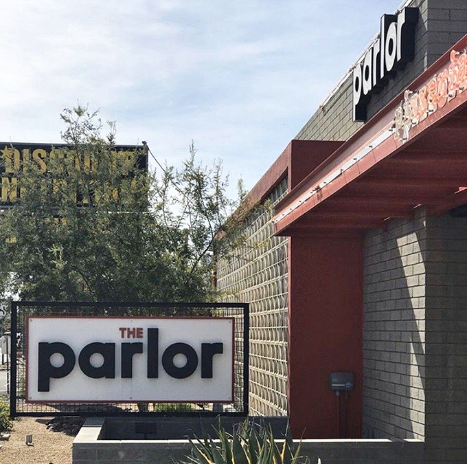 Geometric patterns and desert landscaping frame The Parlor's modern approach to pizza. Where design meets deliciousness in Phoenix.