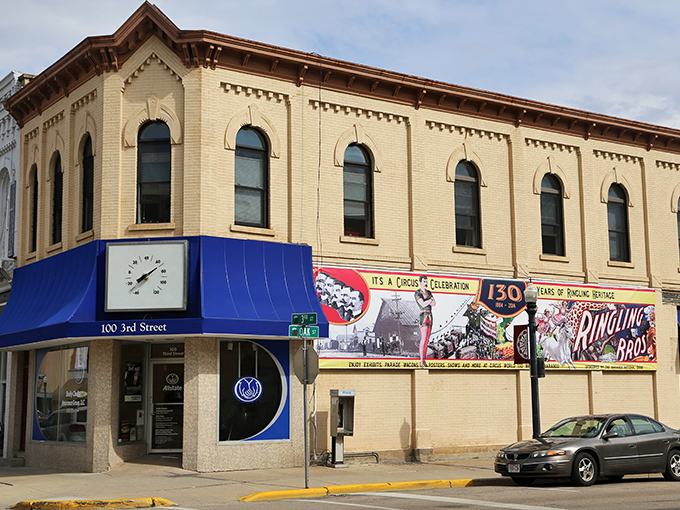 This historic building celebrates Baraboo's circus heritage with a colorful banner, reminding passersby that this small town once housed the greatest show on earth.