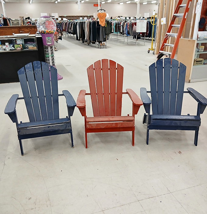 Adirondack chairs in patriotic hues, ready for your porch or patio. Summer evenings and cold beverages not included, but strongly suggested.