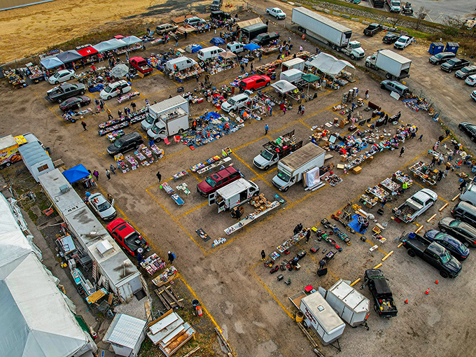 The aerial view reveals the magnificent sprawl of commerce—a temporary city of deals where one person's excess becomes another's essential.
