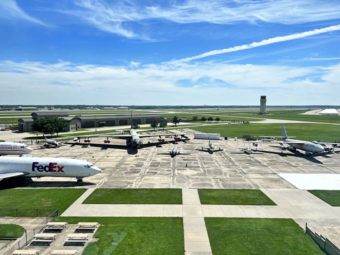 Bird's eye view of the museum's impressive outdoor collection, where retired aircraft enjoy their golden years arranged in a formation that would make any Air Force general proud.