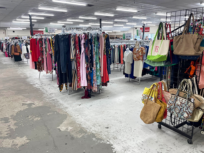 Fashion finds organized by color create a shopper's rainbow. That designer dress hiding among everyday items is the thrifter's equivalent of striking gold.