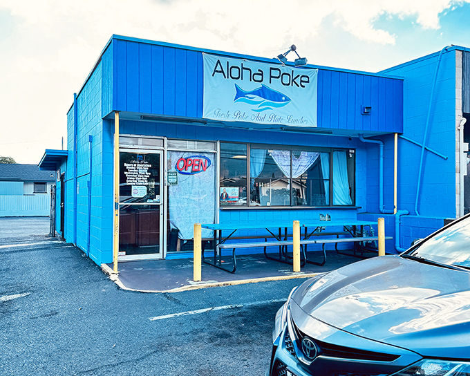 Aloha Poke's bright blue building promises the freshest catch in town, where fish goes from ocean to plate faster than you can say "mahalo."