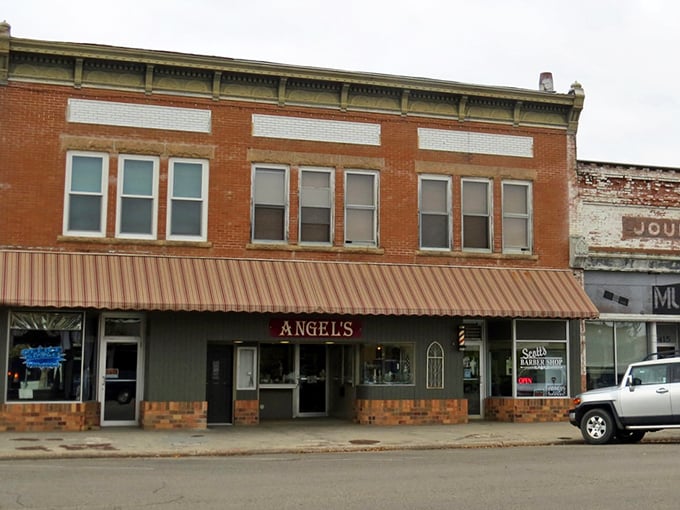 Angel's storefront promises small-town hospitality where everyone knows your coffee order before you say it.