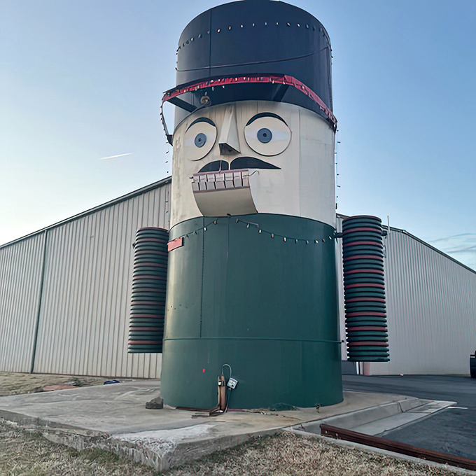 Morning light reveals every detail of this repurposed industrial marvel, from riveted metal to those impossibly expressive eyebrows.