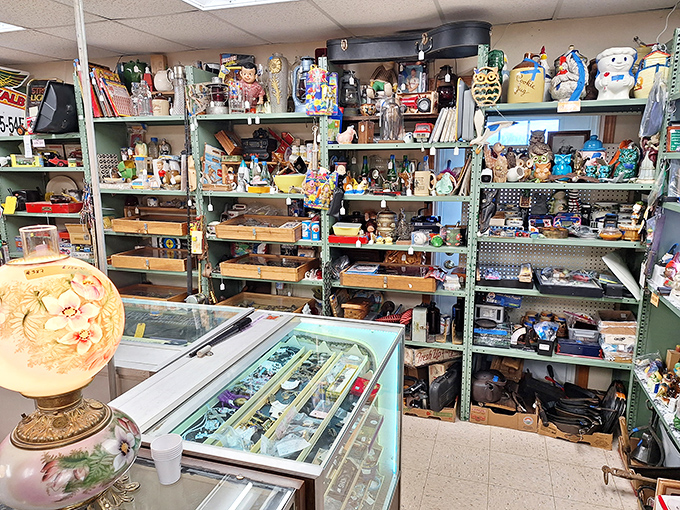 Treasure hunter's dream! These shelves hold everything from vintage salt shakers to that exact lamp your grandmother had in her living room.