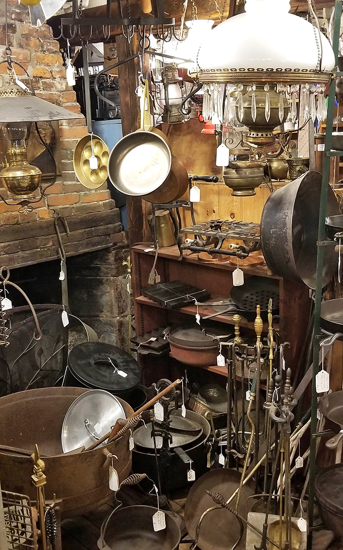 Cast iron and copper gleam under vintage lighting, creating an antique lover's fever dream come to life.