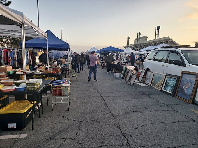 As the day winds down, the golden hour illuminates frames waiting for new walls. Someone's sunset painting might become your sunrise inspiration.
