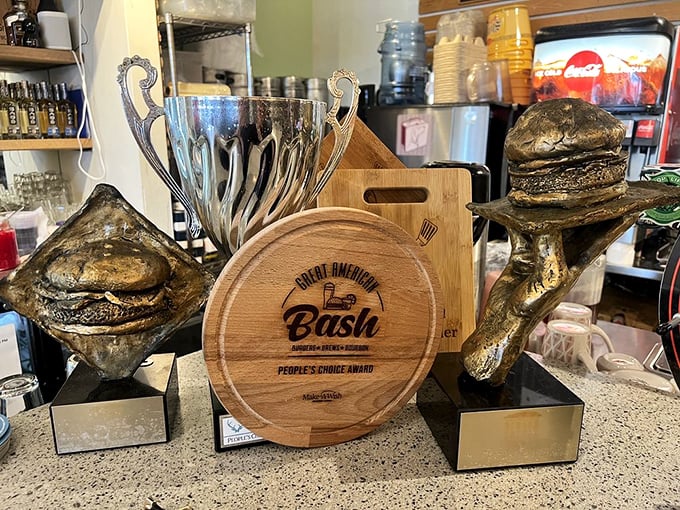 Trophy case evidence that these burgers don't just win hearts&mdash;they win actual competitions against serious contenders across the burger universe.
