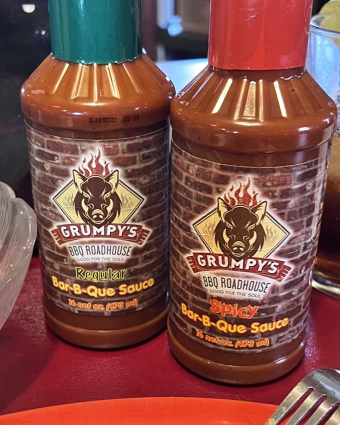 Grumpy's sauces&mdash;regular and spicy&mdash;standing by like faithful companions ready to enhance, not mask, the meat's natural smoky glory.