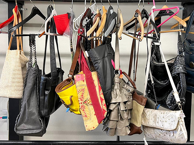 A rainbow of handbags dangles with possibility—each one carrying the potential for compliments and the inevitable "You got THAT there?!"