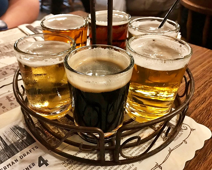 A beer flight that takes you on a tour of Germany without the jetlag. That dark brew in the center is the mysterious stranger worth getting to know. 