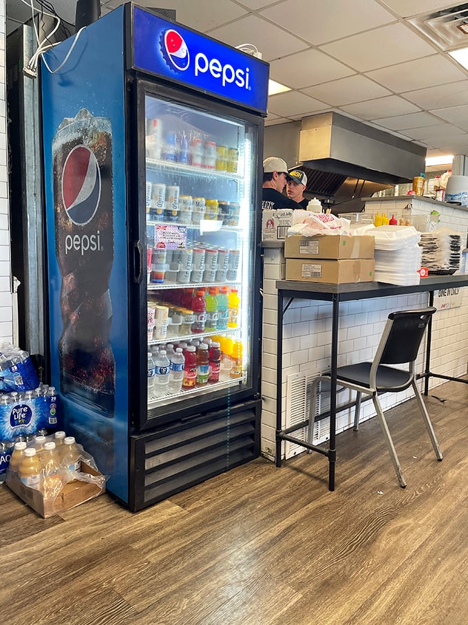 The drink cooler stands ready to quench the thirst that inevitably follows a perfect lobster roll.