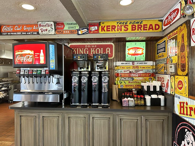 The beverage station at Ray's &ndash; where sweet tea flows like liquid gold and vintage signs remind you that some pleasures never go out of style.