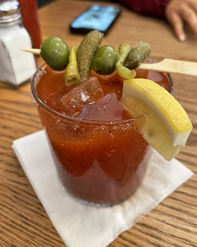 A Bloody Mary that's practically a meal unto itself—garnished with enough pickled goodies to qualify as an appetizer for your breakfast.