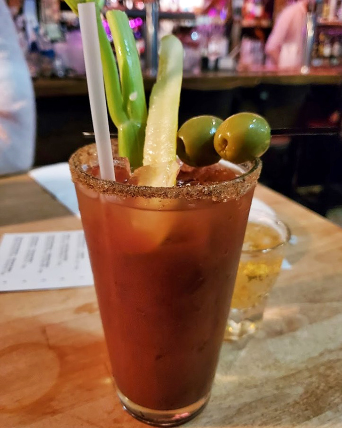 This Bloody Mary comes dressed for success with a garden of garnishes that could qualify as a small salad course.