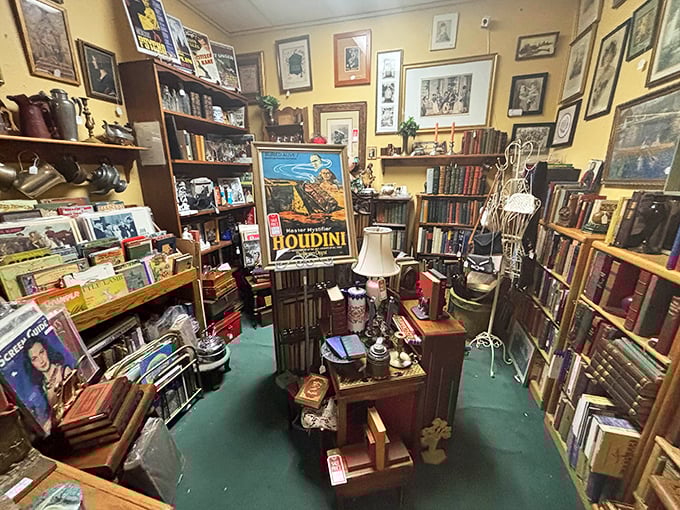 A bibliophile's dream corner where first editions and vintage paperbacks create a literary time machine.