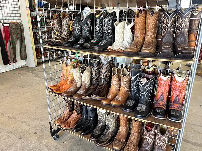 Cowboy boots lined up like a leather rainbow. Each pair tells a different story&mdash;some will work cattle, others will only see dance floors and barbecues.