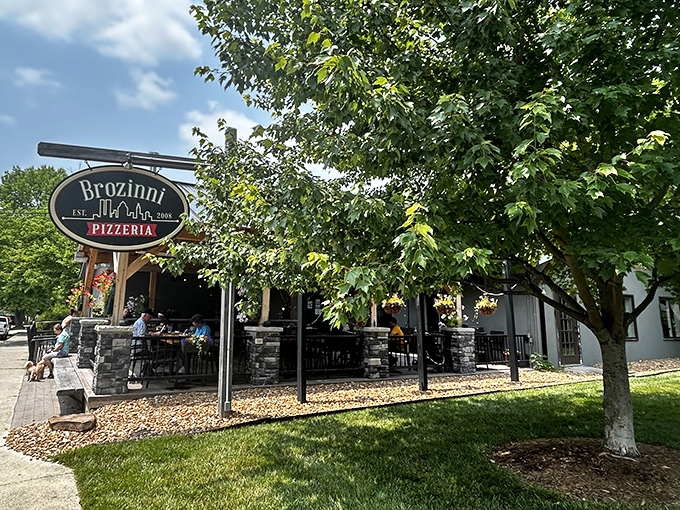 Brozinni Pizzeria's outdoor seating area practically begs you to linger over another slice. That shade tree has witnessed countless pizza-induced moments of happiness.