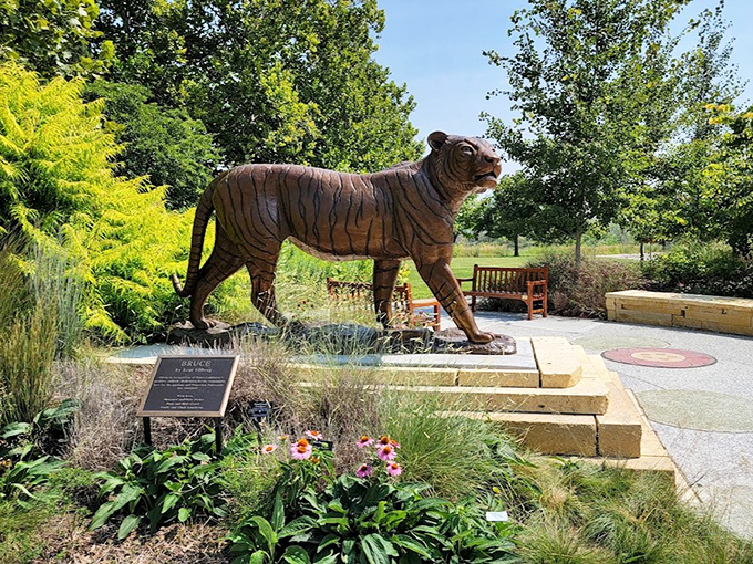 Bruce the tiger stands guard over the children's area, fierce enough to impress kids, friendly enough for photos.