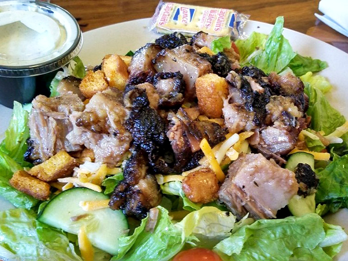 A salad that doesn't apologize for being mostly meat. When your greens are topped with burnt ends, you're winning at lunch.