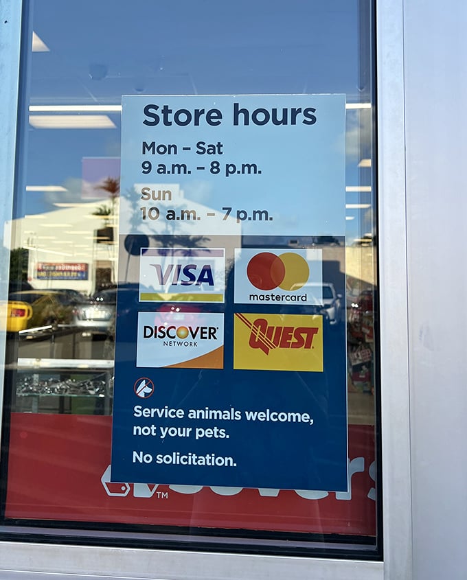The rules of engagement: generous hours and multiple payment options. The fine print says no pets, but your shopping endurance will be thoroughly tested.
