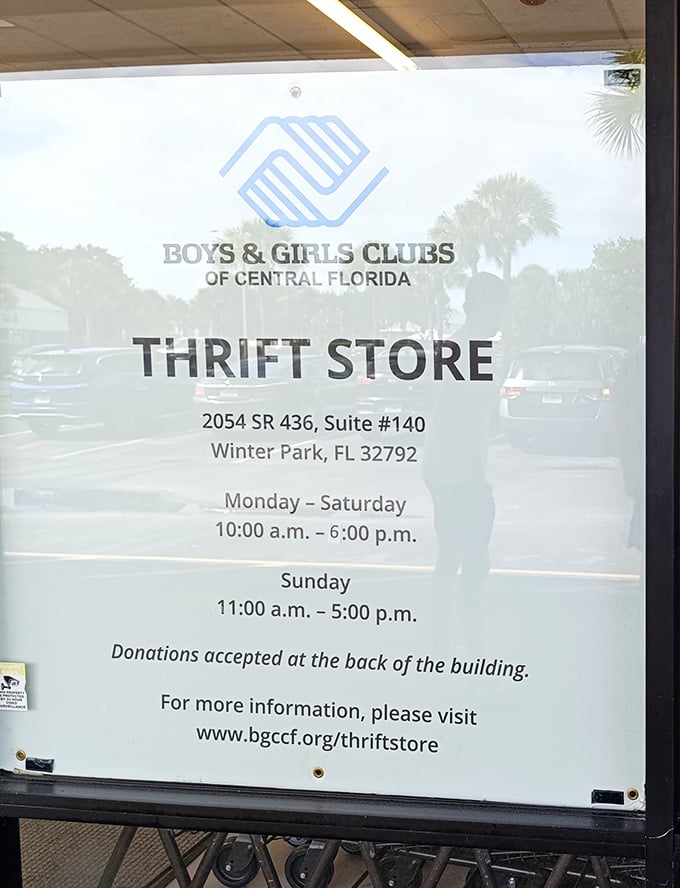 The information headquarters—where store hours are posted and donation details are shared for maximum thrifting efficiency.