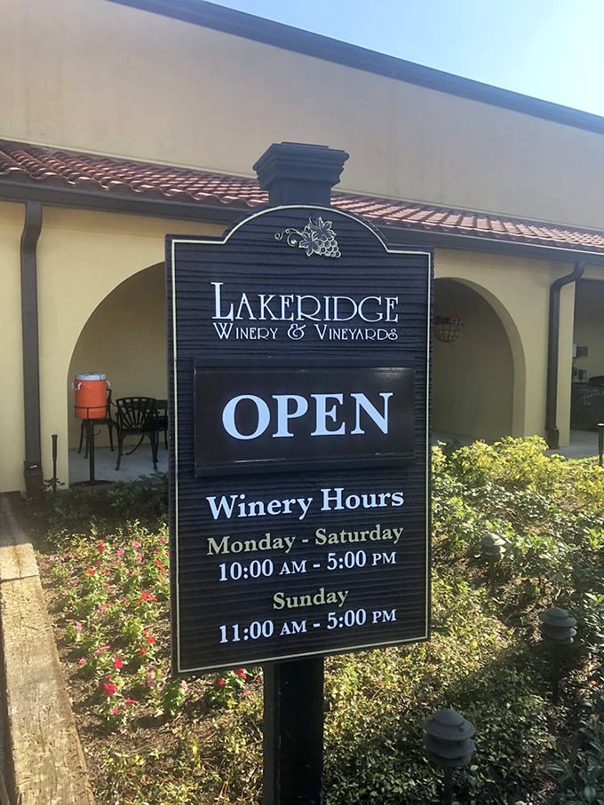 The sign that brings joy to wine enthusiasts everywhere&mdash;OPEN&mdash;followed by hours generous enough to accommodate even the most leisurely tasting pace.