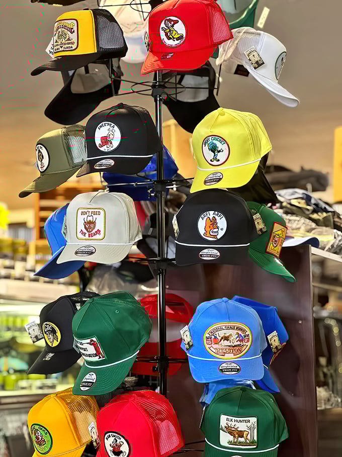 Trucker caps with personality create a colorful totem pole of Western pride. "Elk Hunter" never looked so fashionably authentic.