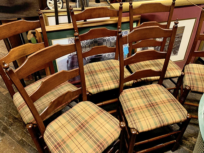 Dining chairs with plaid personalities. They've supported countless family dinners and heard every "pass the potatoes" since the Reagan administration.