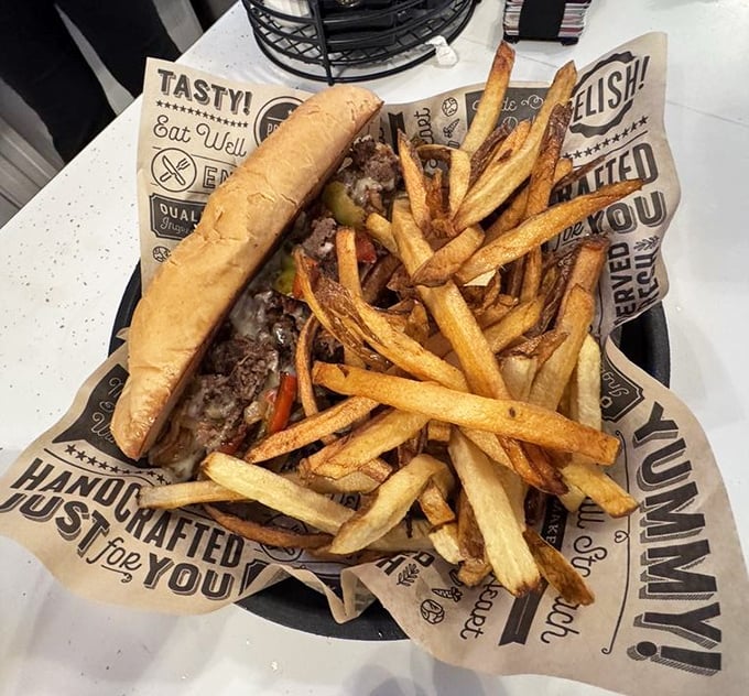 A proper cheesesteak with fries that would make Rocky Balboa run up those steps twice just to earn it.