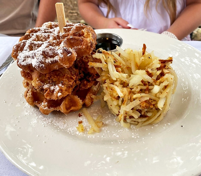 Chicken and waffles: the breakfast-dinner alliance that proves opposites attract. That powdered sugar dusting is like snowfall on a delicious mountain range.