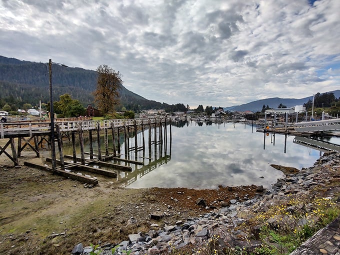 Chief Shakes Harbor reflects the sky so perfectly you'll wonder which way is up. Stillness that speaks volumes about Wrangell's peaceful rhythm.