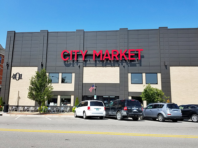 City Market's bold sign marks the spot where local vendors and fresh produce meet actual human interaction.
