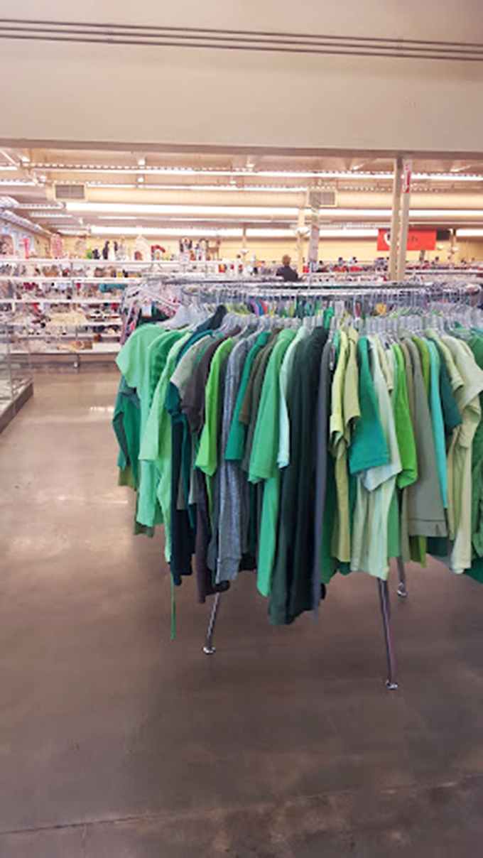 The men's section organized by color creates a soothing gradient of greens and blues&mdash;a visual calm in the treasure-hunting storm.