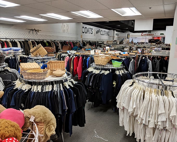 A sea of jackets and coats creates a textile landscape where winter warmth meets budget-friendly fashion in perfect harmony.