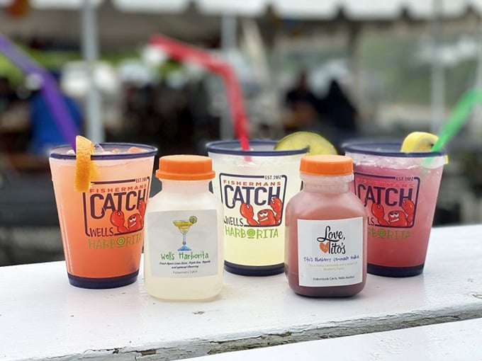 Colorful cocktails with the restaurant's cartoon mascot&mdash;because nothing says "vacation mode" like drinking with a smiling crustacean.