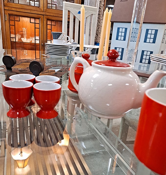 This cherry-red tea set isn't just kitchenware&mdash;it's a portal to impromptu afternoon gatherings where gossip flows as freely as Earl Grey.