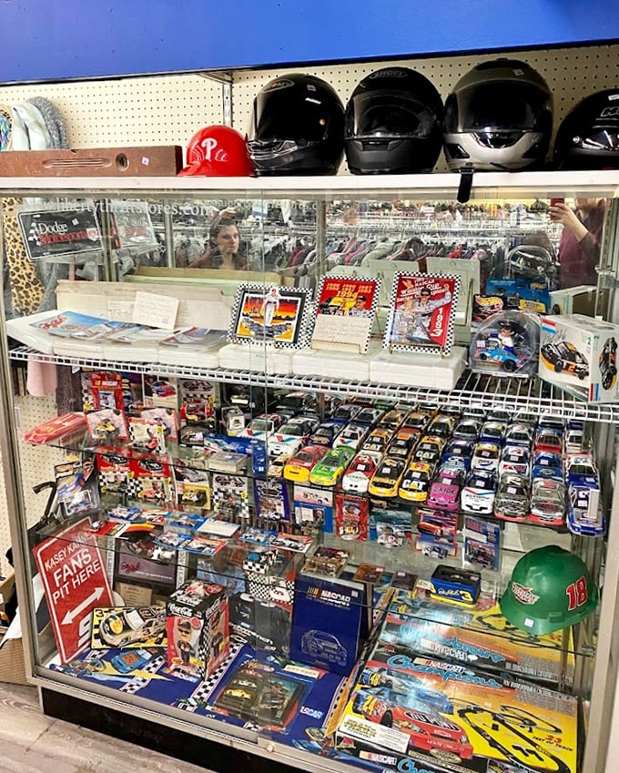 NASCAR memorabilia heaven for collectors. These miniature race cars have finished their professional careers and are ready for your display case.
