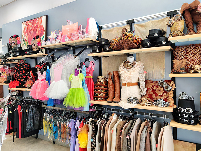 Formal wear paradise! These vibrant gowns and fairy wings prove that even Cinderella could outfit herself for the ball on a budget.