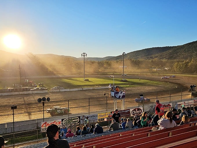 Friday night at the county raceway delivers the perfect trifecta: sunset, dirt tracks, and the unmistakable roar of engines echoing through the valley.