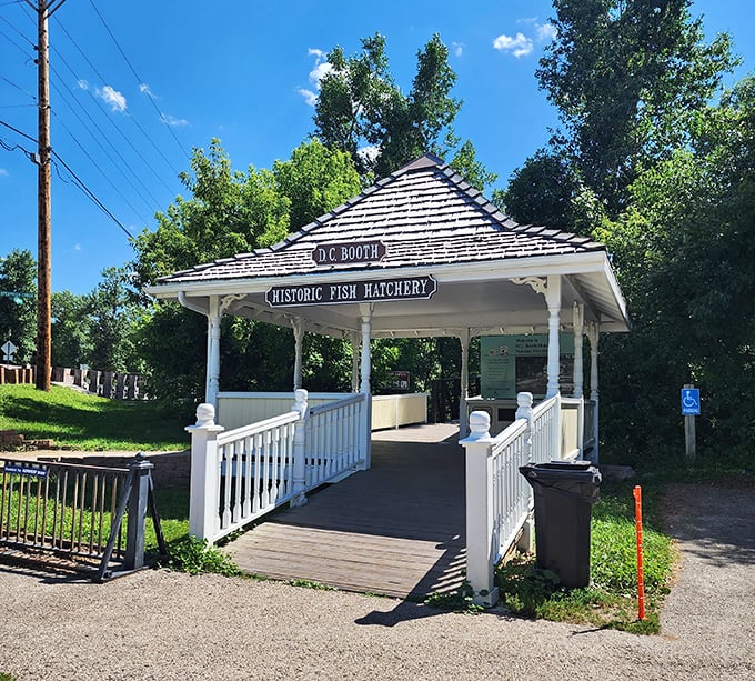 The D.C. Booth Historic Fish Hatchery entrance welcomes visitors like an old friend. Part park, part museum, all charm.