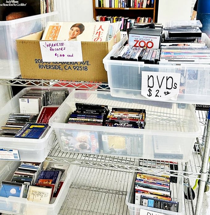 Vinyl records and DVDs from another era—cultural artifacts at pocket change prices. Yesterday's entertainment becomes tomorrow's vintage collection.