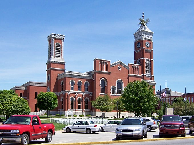Decatur County Courthouse dominates the skyline with its iconic tower&mdash;home to those famous trees that symbolize Greensburg's quirky appeal.