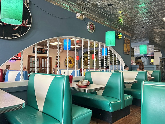 Turquoise booths and retro charm create the perfect backdrop for the main event: consuming your body weight in New Mexican comfort food.