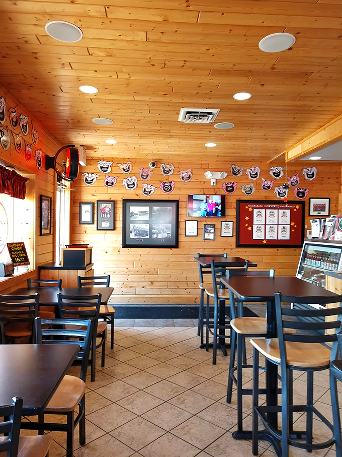 Pig decorations watch approvingly as diners enjoy their handiwork. They've sacrificed for a noble cause.